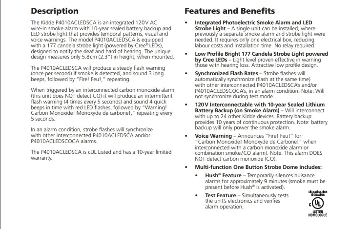 Kidde P4010ACLEDSCA 2 in 1 integrated 120 V AC wire-in smoke alarm wit ...