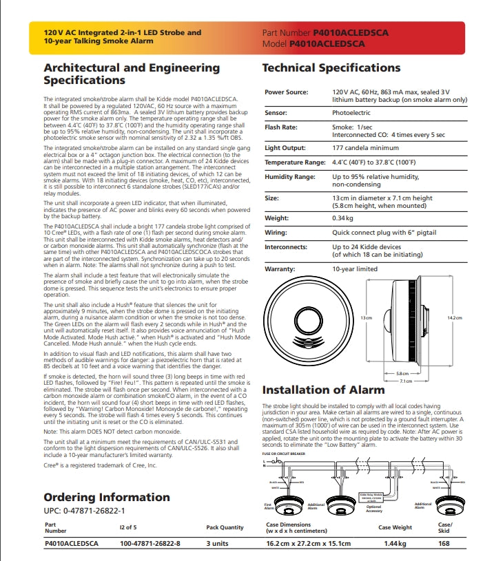 Kidde P4010ACLEDSCA 2 in 1 integrated 120 V AC wire-in smoke alarm wit ...