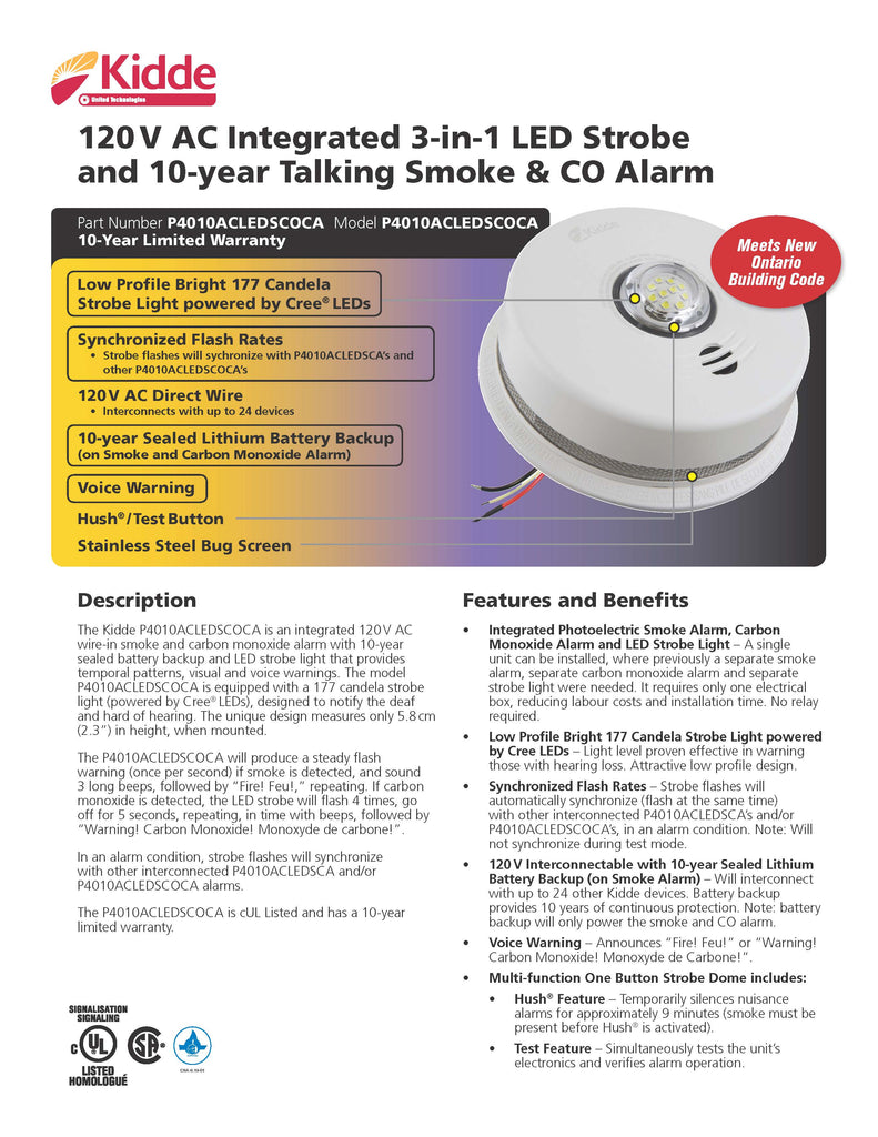 Kidde P4010ACLEDSCOCA-2, 3-IN-1 120V Integrated LED STROBE and 10-Year ...